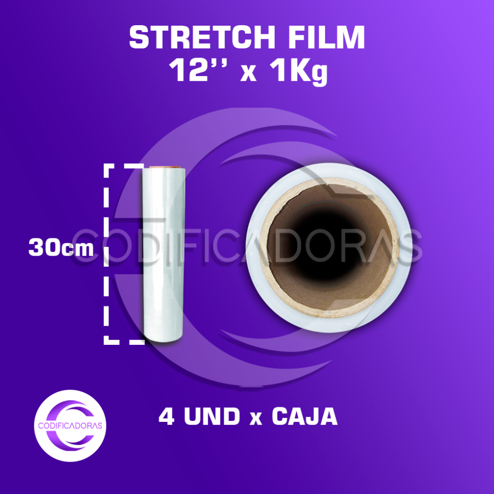 Rollo de Stretch Film de 12” x1Kg Altura 30 cm – Caja x4 unid ...