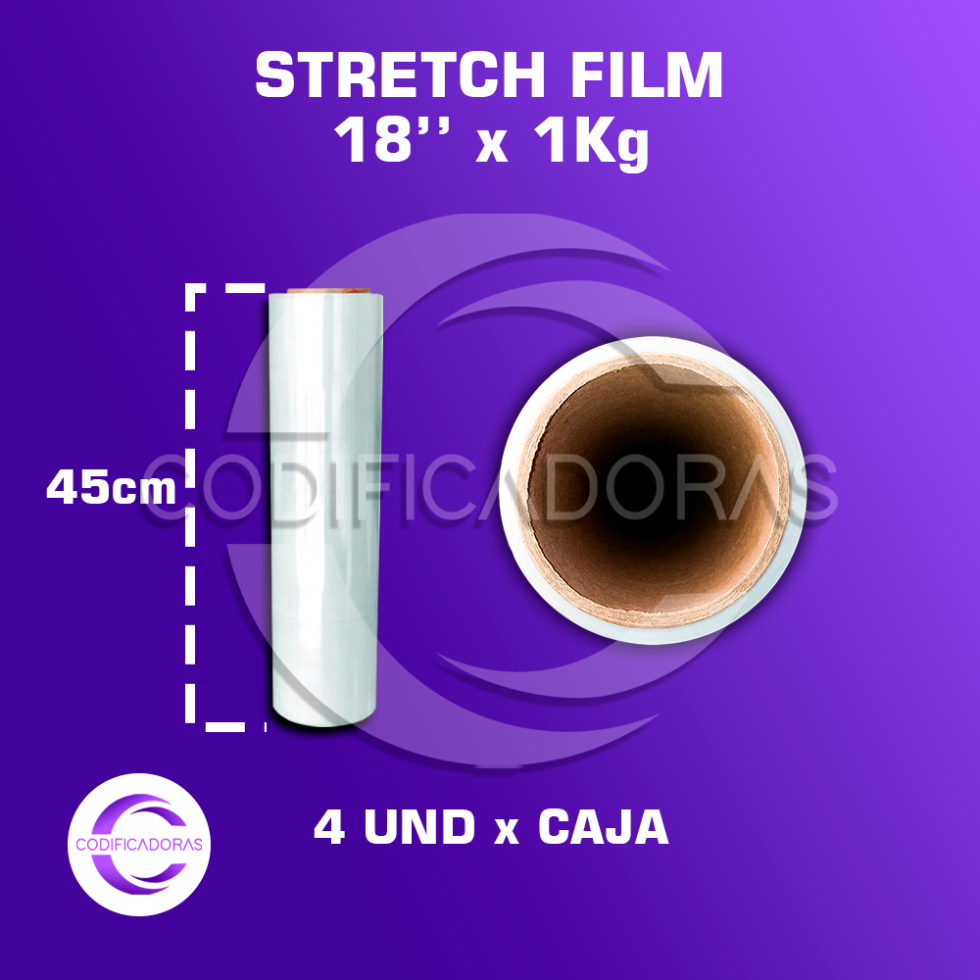 Rollo de Stretch Film de 18” x 1Kg Altura 45 cm – Caja x4 unid ...