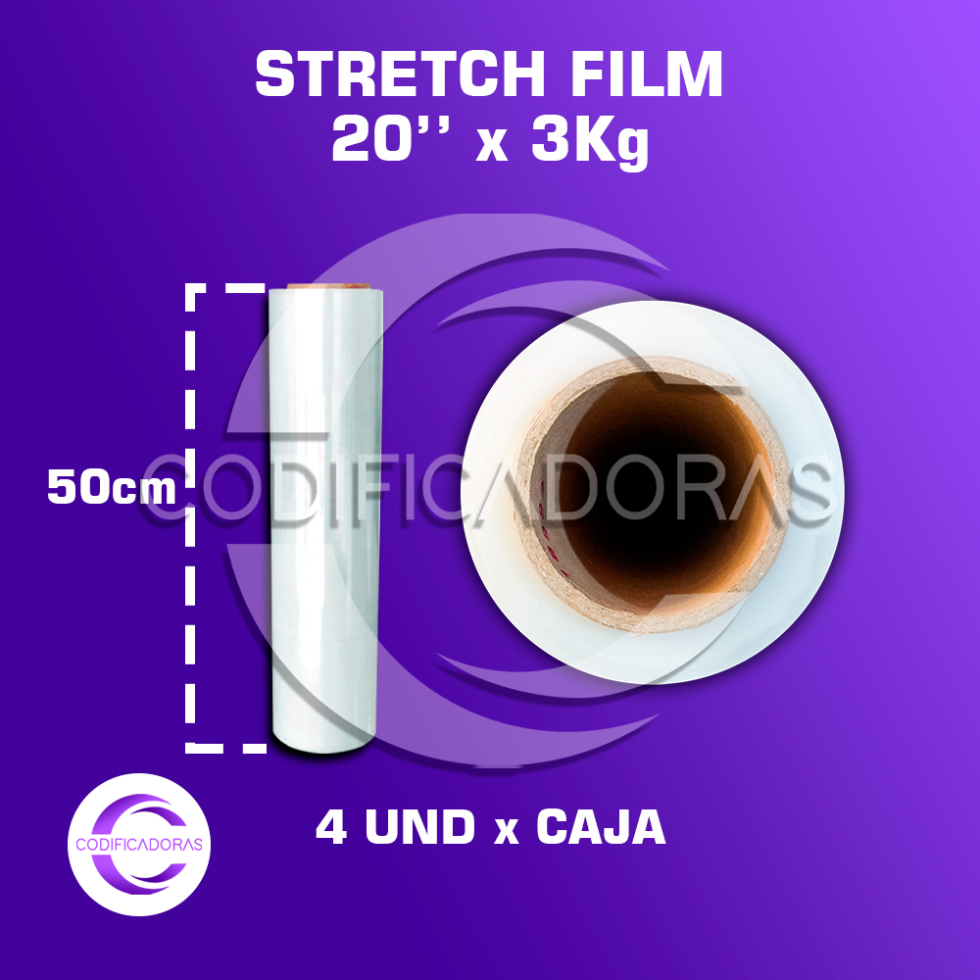 Stretch Film De 20” X 3kg Altura 50 Cm – Caja X4 Unid – Codificadoras